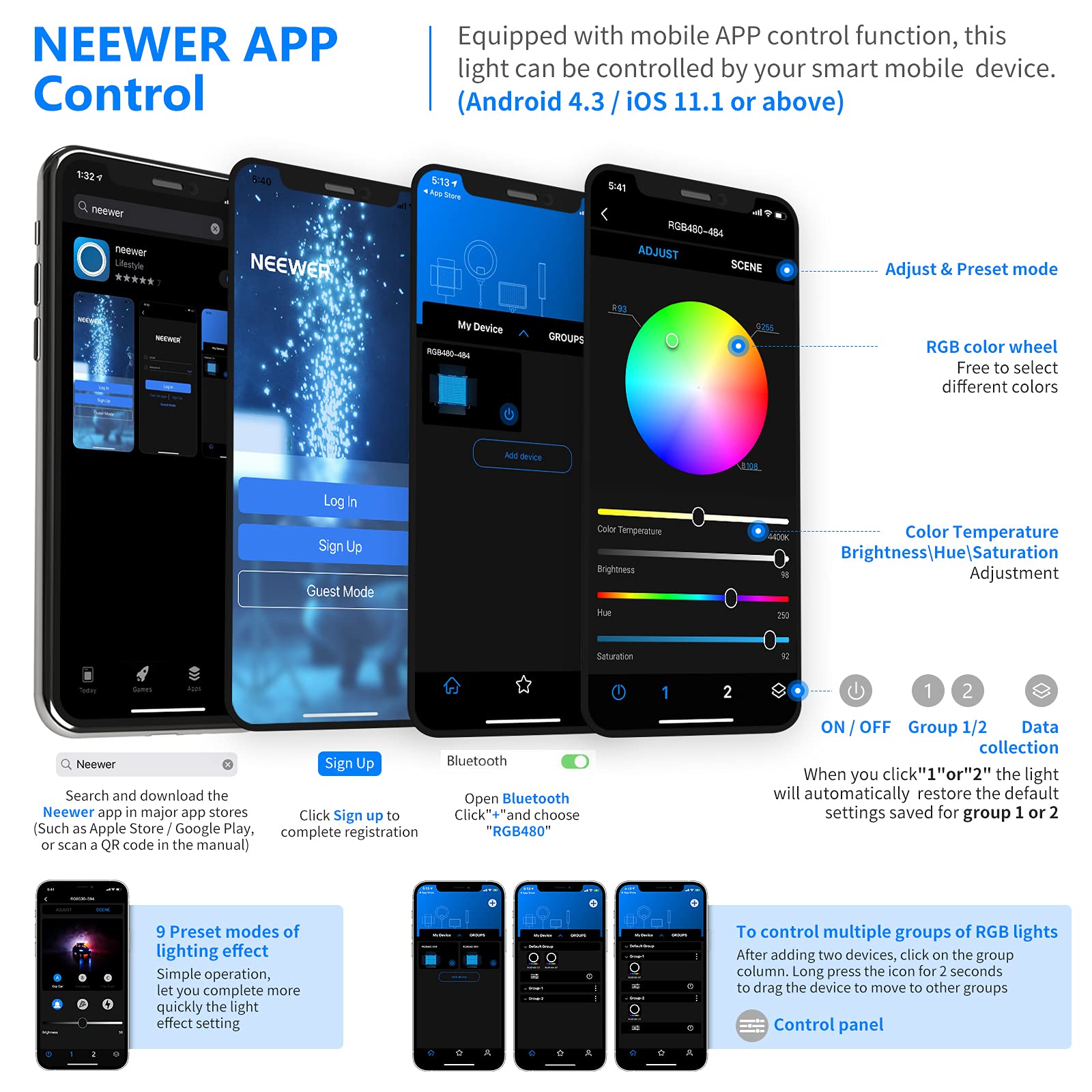 NEEWER 2 Packs 480 RGB Led Light with APP Control, Photography Video Lighting Kit with Stands and Bag, 480 SMD LEDs CRI95/3200K-5600K/Brightness 0-100%/0-360 Adjustable Colors/9 Applicable Scenes
