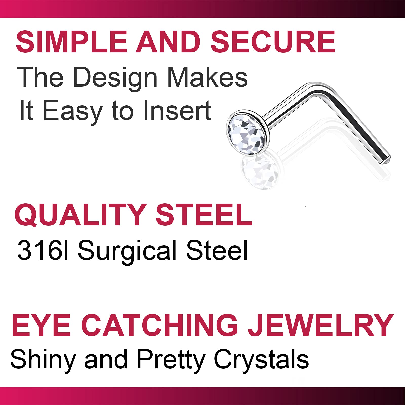 3Pcs L Shaped Nose Ring 18g Surgical Stainless Steel And 20g Retainer Nostril Piercing Studs Jewelry 2.5mm Clear Crystal