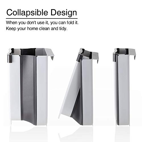 Subekyu Small Hanging Kitchen Trash Can, Collapsible Mini Garbage Bin for Cabinet/Car/Bedroom/Bathroom, Plastic, Grey, 2.4 Gallon