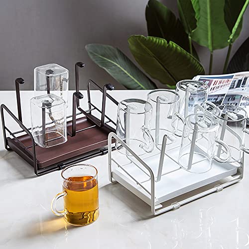 YEAVS Cup Drying Rack with Drain Tray, Bottle Drying Rack Stand with 6 Hooks, Mug Organizer (White)