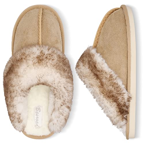 Besroad Womens Furry Slides House Slippers Fluffy Bedroom Slippers Cozy Memory Foam Plush Slippers Brown 10-11