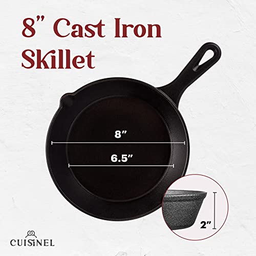 Cast Iron Skillet - 8"-Inch Frying Pan with Pour Spouts + Silicone Handle Holder Cover - Pre-Seasoned Oven Safe Cookware - Indoor/Outdoor Use - Grill, BBQ, Stovetop, Firepit, Gas and Induction Safe