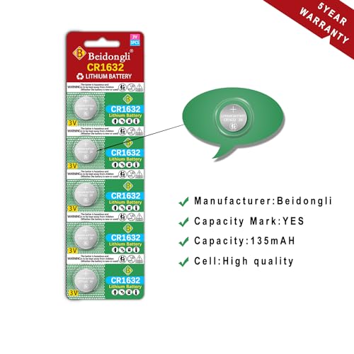 Beidongli CR1632 3 Volt Lithium Coin Cell Battery (10 Batteries)【5-Years Warranty】