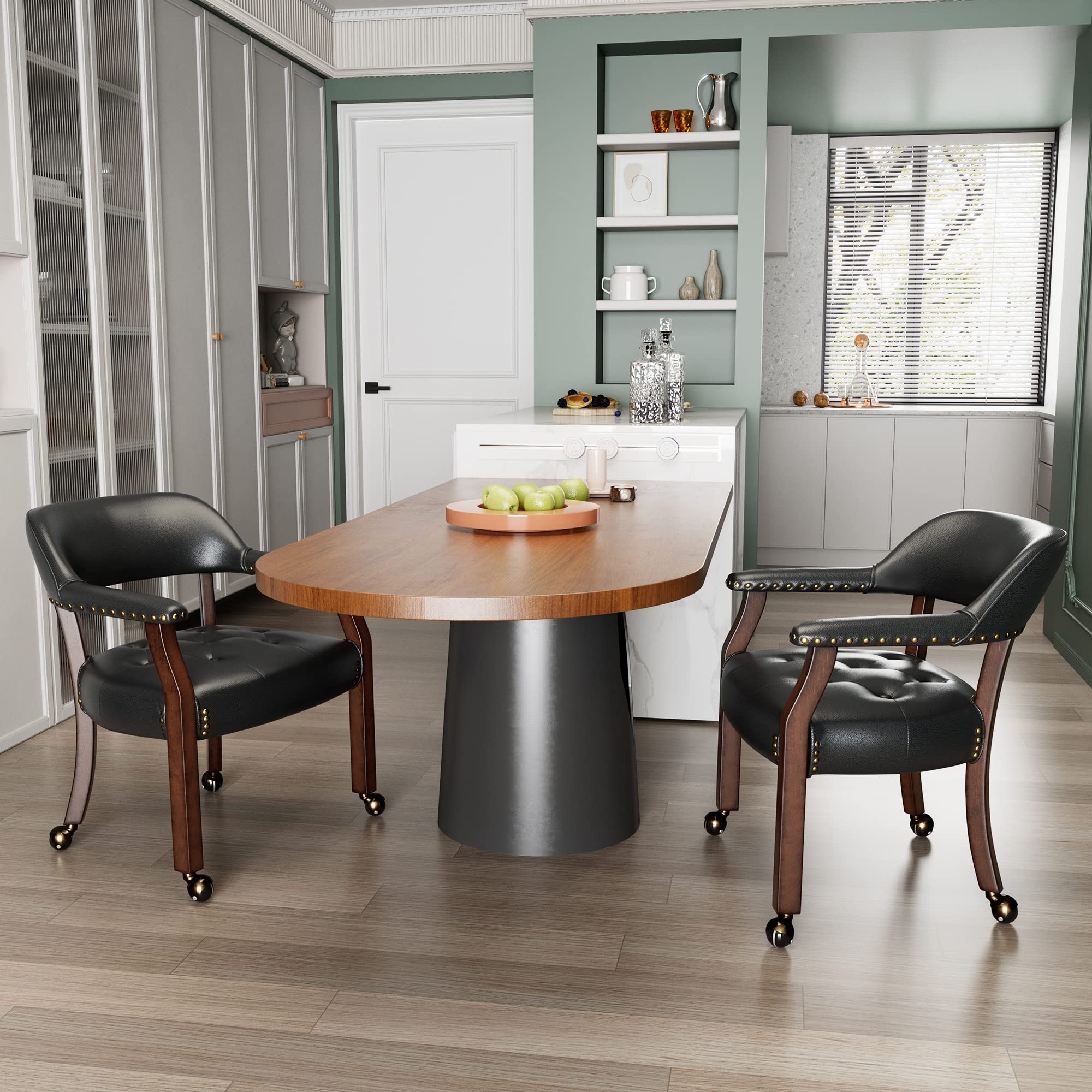 LEEMTORIG Large Dining Chairs with Casters and Arms, Rolling Dining Chairs with Wheels, Accent Game Chairs Boss Caption's Chairs, 26" D x 25.2" W x 31.5" H, Cherry Legs & Black SY-1533-BK