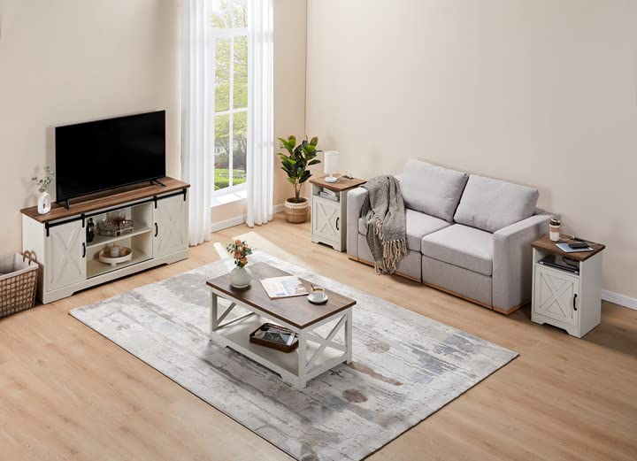 AMERLIFE 4-Piece Farmhouse Table Set Includes Sliding Barn Door TV Stand, Coffee Table& Two End Tables, Side Table with Charging Station and USB Ports, for Living Room, Bedroom, Distressed White, 59β