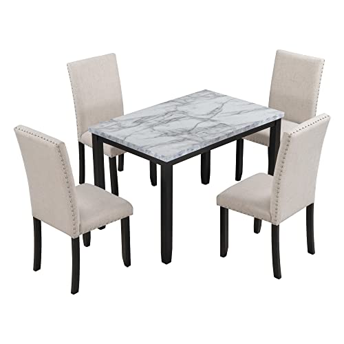 Bellemave Dinner Table Set for 4 5 Piece Dining Table Set Faux Marble Modern Kitchen Table and Chairs Dining Room Sets for 4 Rectangular Table with Chairs Dinette Set for 4, White/Beige+Black