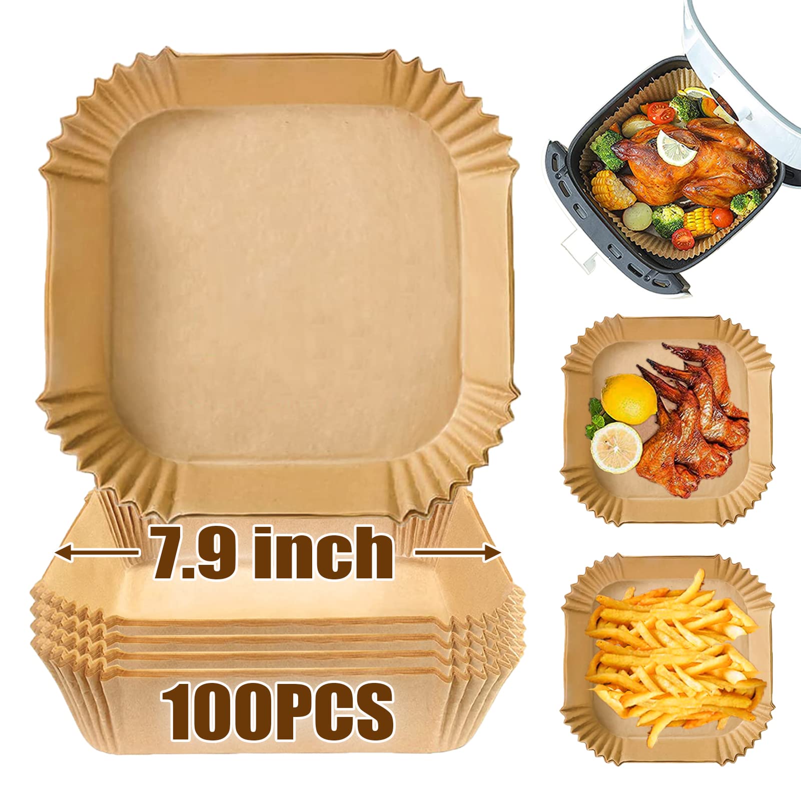 Air Fryer Disposable Paper Liner Square, 7.9 Inch Air Fryer Paper Liner 100PCS, Air Fryer Parchment Paper Liners Non-stick, Oil-proof, Water-proof for Baking Roasting Microwave …