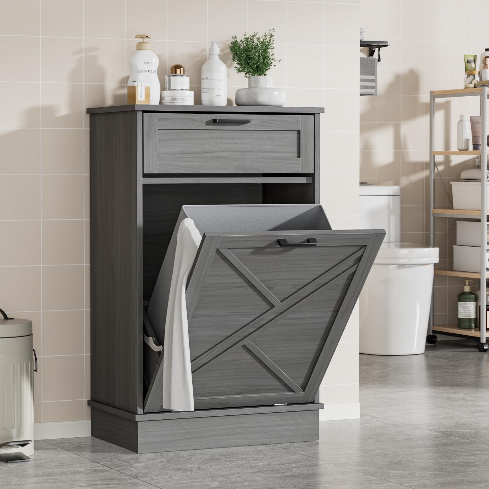 Anmytek 10 Gallon Tilt Out Trash Can Cabinet with Drawer, Kitchen Freestanding Wood Recycling Trash Cabinet for Kitchen, Pet Proof Kitchen Trash Cabinet Laundry Hamper for Home Laundry Bathroom