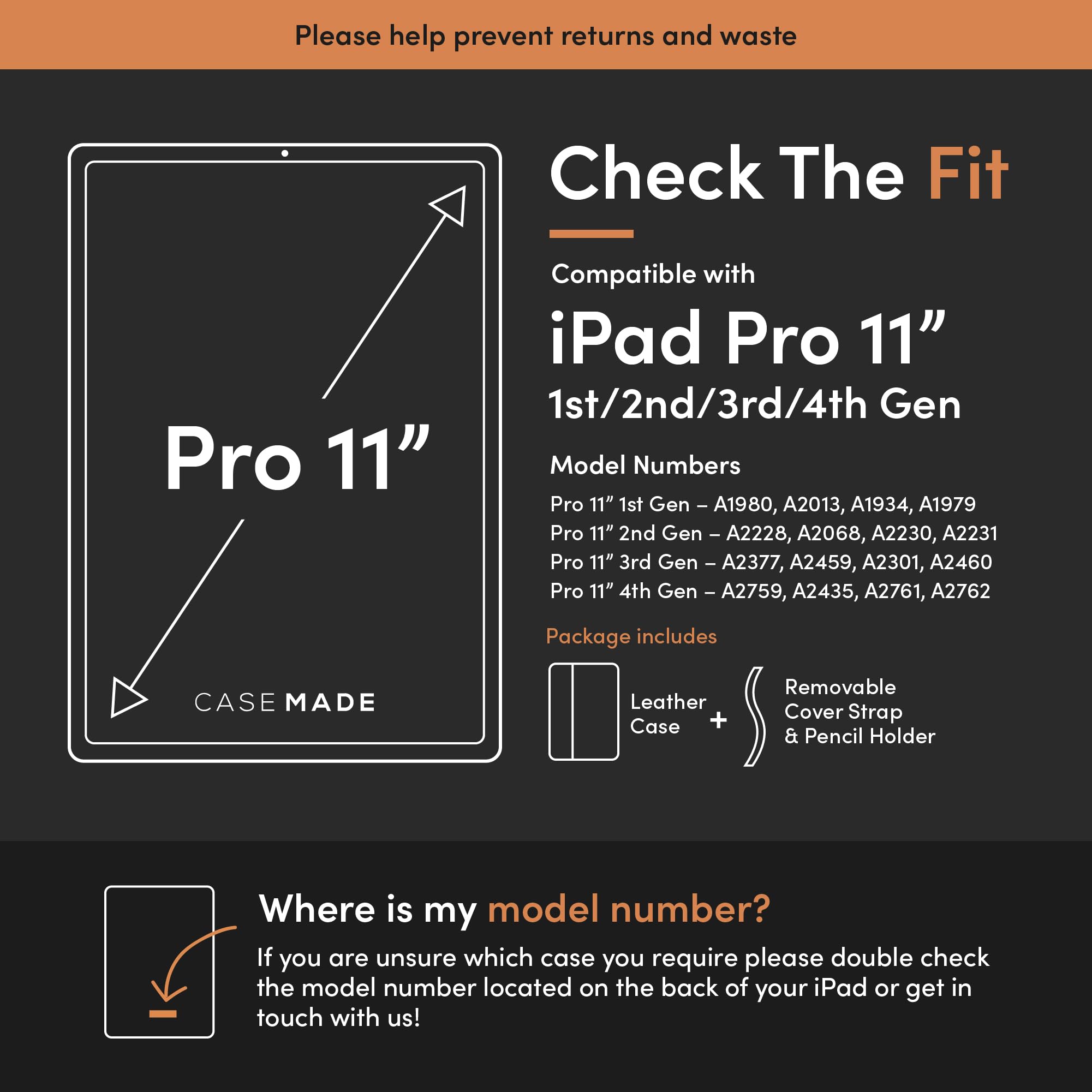 Casemade Real Leather Case Compatible with iPad Pro 11” 1st/2nd/3rd/4th Gen (2018/2020/2021/2022) - Full-Grain Leather Cover, Auto Sleep/Wake, Dual Stand Position (Tan)
