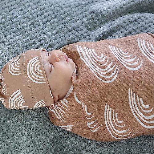 BabyWhale Muslin Swaddle Blanket, Boho Brown Rainbow Pattern Swaddle and Solid Color Swaddle for Newborn Baby Boys & Girls, Unisex Silky Soft Breathable Receiving Swaddle Wrap, 47x47 inches, 2 Pack