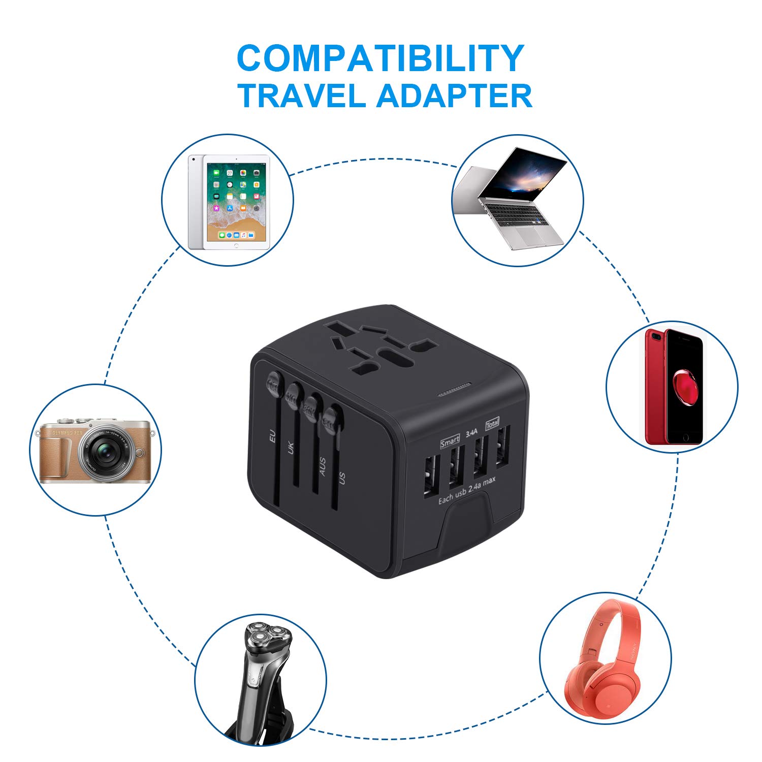 International Travel Adapter Universal Power Adapter Worldwide All in One 4 USB with Electrical Plug Perfect for European US, EU, UK, AU 160 Countries (Black)
