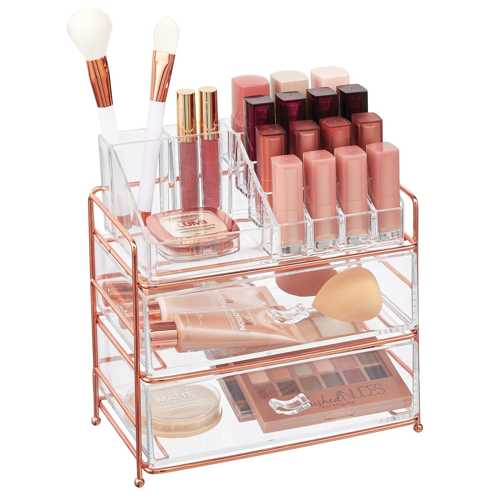 mDesign Plastic Cosmetic Storage Organizer Station with 2 Drawers and 16 Divided Sections for Bathroom, Cabinet, Vanity, Countertop - Holds Makeup Palettes, Brushes, Blush, Mascara - Rose Gold/Clear