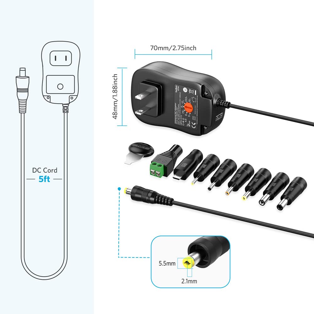 Belker 45W 5V 6V 7.5V 9V 12V 13.5V 15V Universal AC DC Power Supply Adapter for Household Electronics LED Light Strip - 1A 2A 3A 3000mA Amp - Fast USB Charging Port 5V 2A