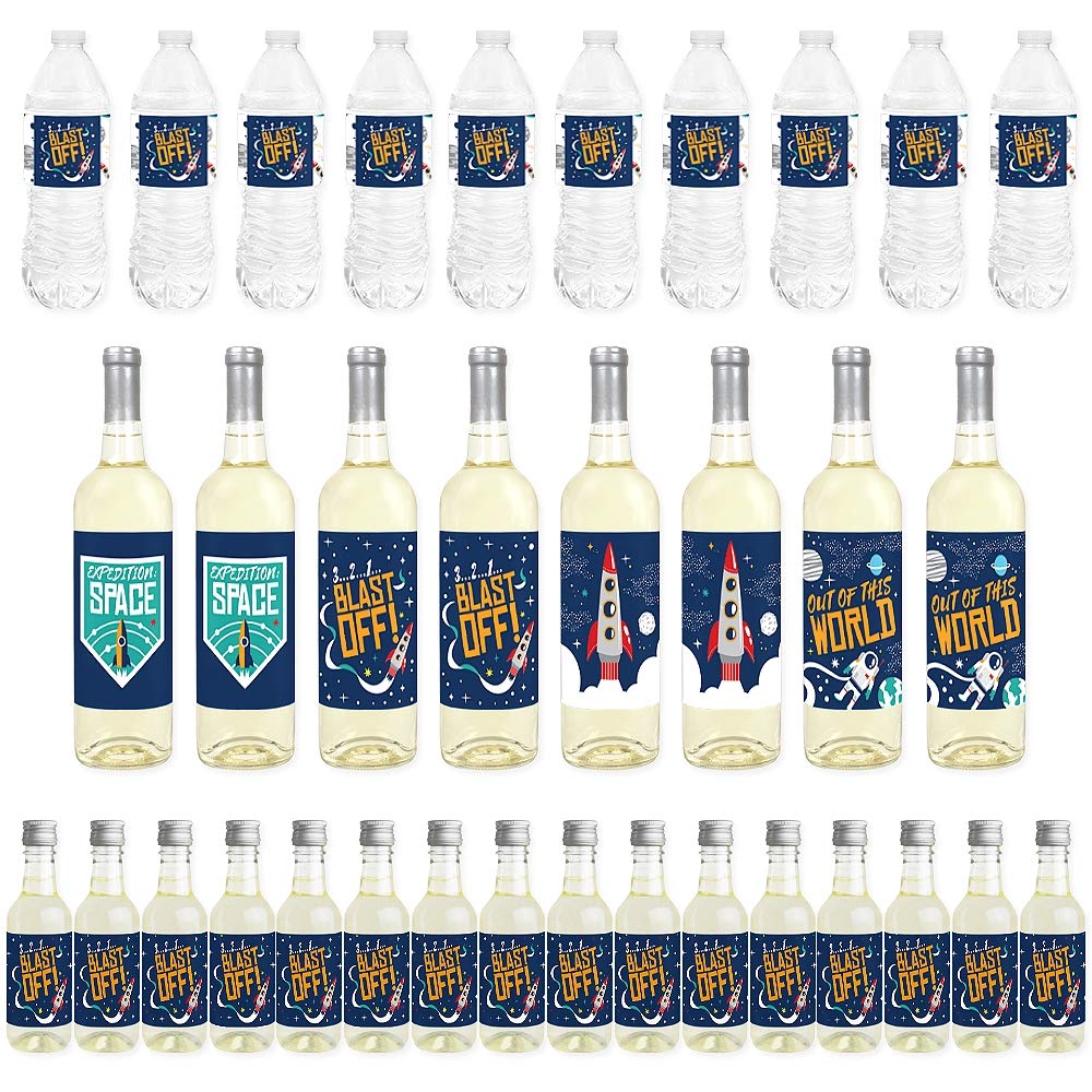 Big Dot of Happiness Blast Off to Outer Space - Mini Wine Bottle Labels, Wine Bottle Labels and Water Bottle Labels - Rocket Ship Baby Shower or Birthday Party Decor - Beverage Bar Kit - 34 Pieces