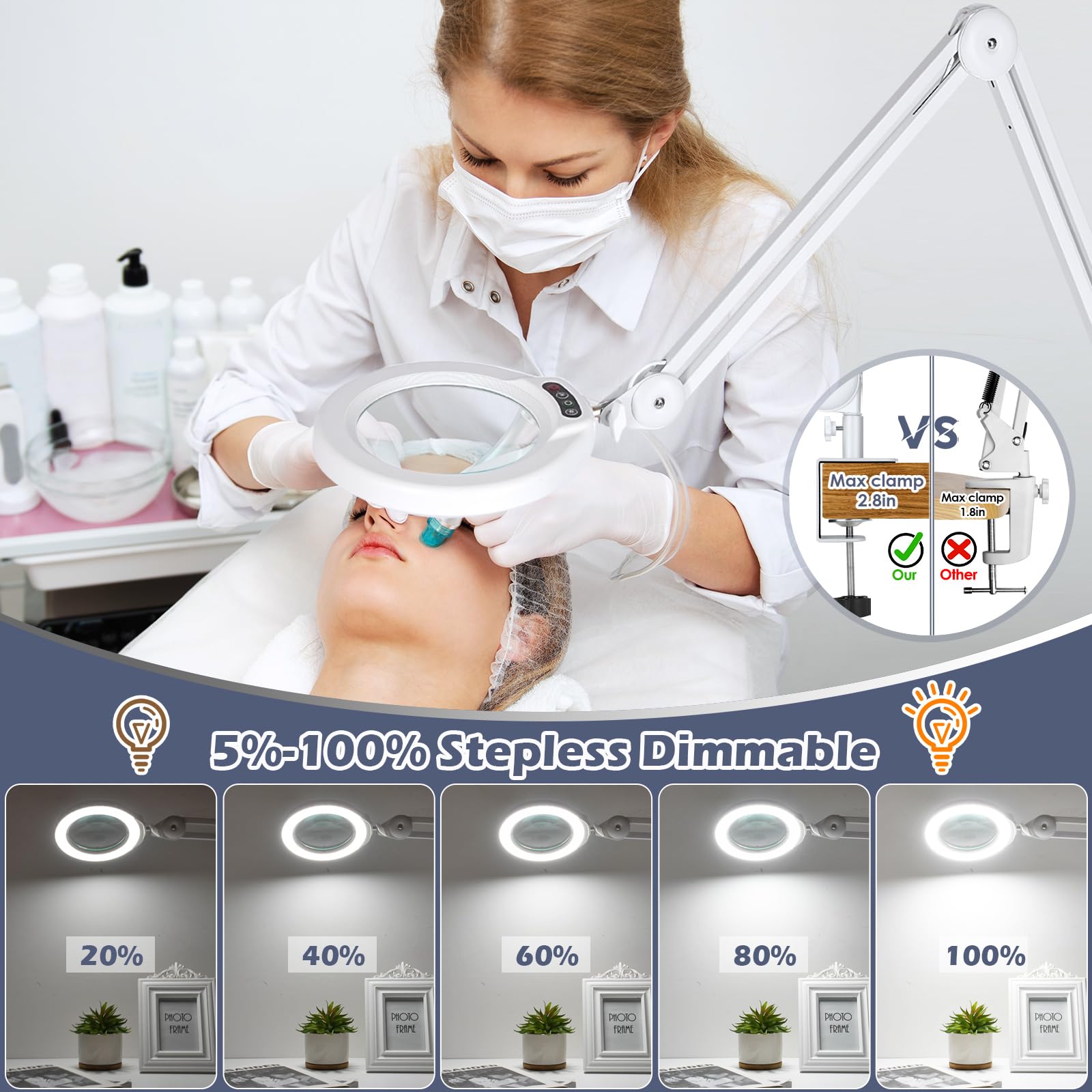 5X Magnifying Glass with Light and Stand, Veemagni 2,200 Lumens Magnifying Floor lamp with 5 Wheels Rolling Base, LED 5 Color Modes, Stepless Dimmable Lighted Magnifier for Esthetician, Facials, Salon