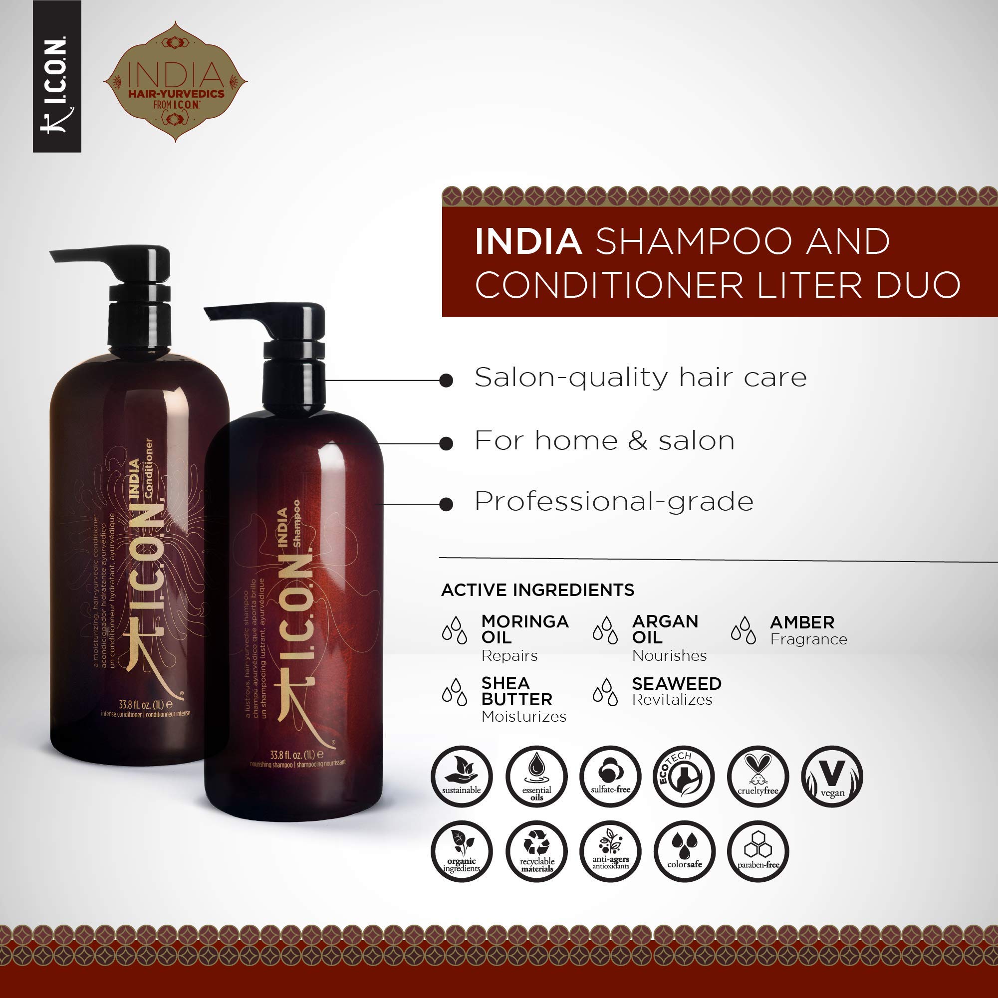 I.C.O.N. India Shampoo and Conditioner Combo, Salon-Quality Hair Care, 1 Liter Each