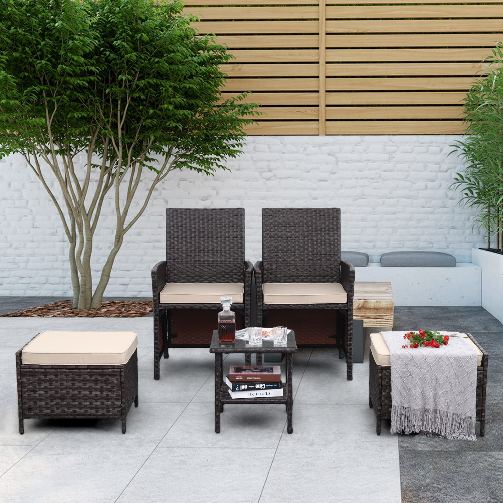 5 Pieces Patio Sectional Conversation Sets Outdoor Wicker Furniture Garden Sofa and Table All Weather Galvanized Steel Frame Khaki Cushions