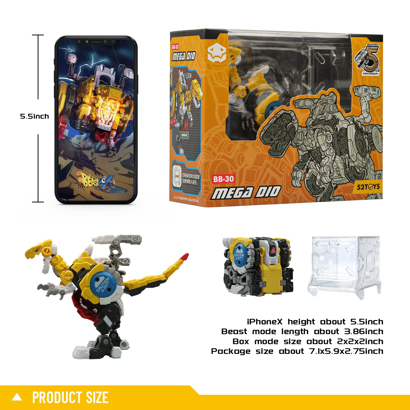 52TOYS Beastbox MEGA DIO Dinosaur Deformation Toys Action Figure, Dinosaur Toys All in One Design Deforms in Dinosaur Mecha and Cube, Great Birthday Party Gift for Teens and Adults