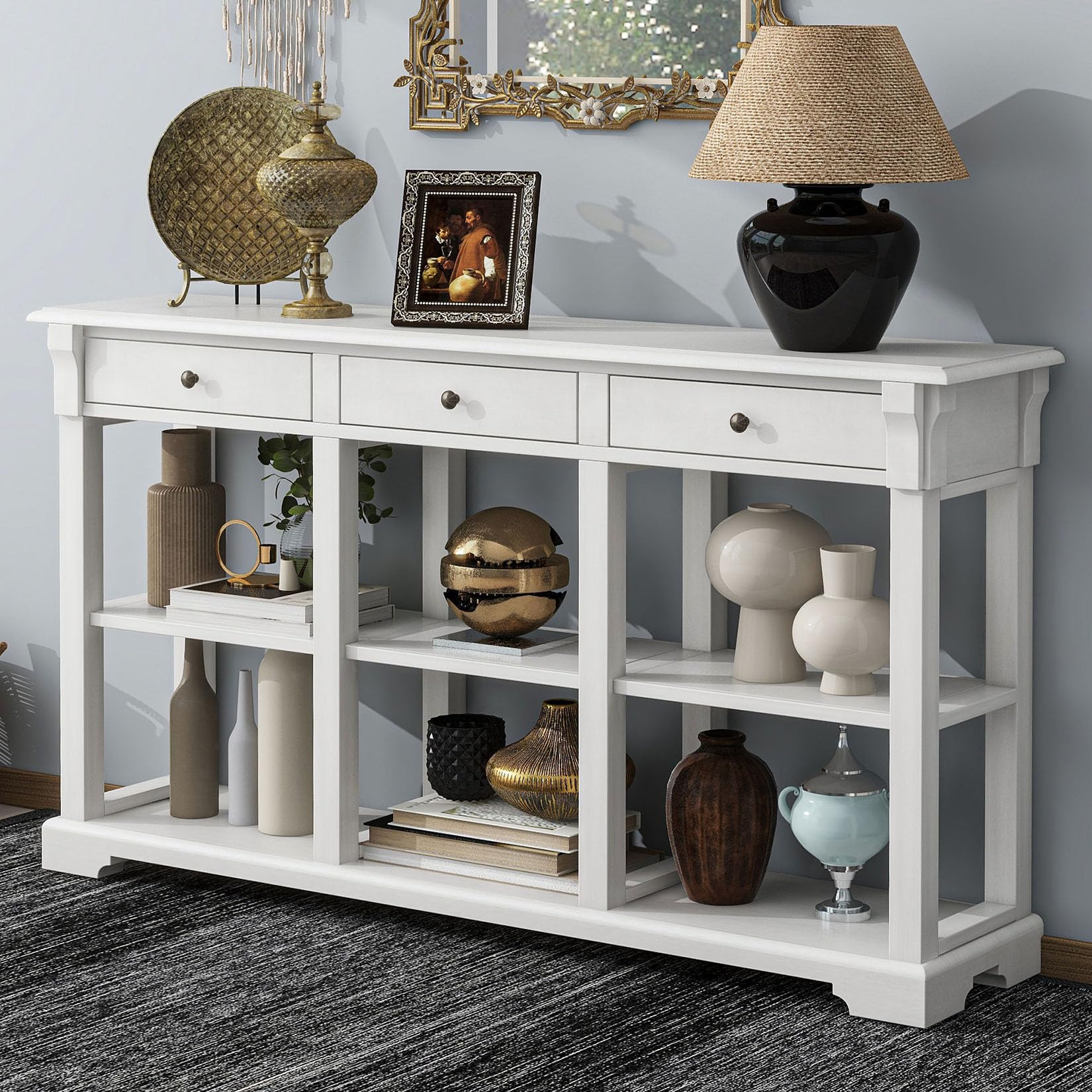 58 inch Console Sofa Table Retro Buffet Sideboard Behind Couch Table Foyer Tables for Entryway Hallway Bathroom Living Room with 3 Drawers and 2 Tiers Shelves, White