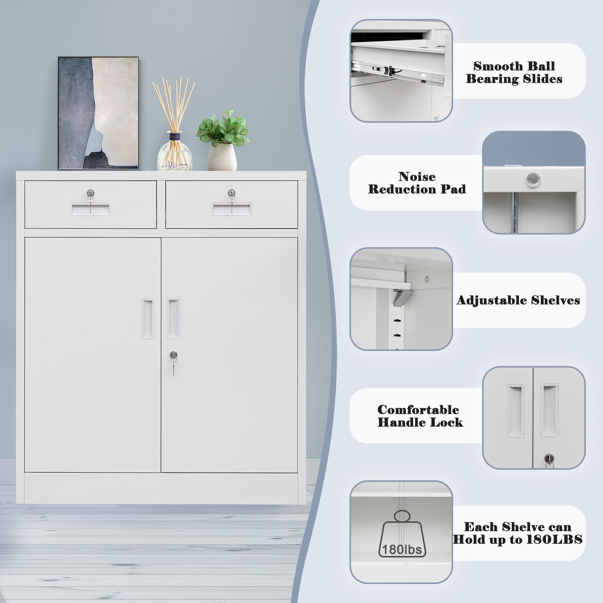 TaskStorz Metal Garage Storage Cabinets,Metal File Cabinet with 2 Locking Drawers, Lockable Storage Cabinets for Office, Home, Garage, Warehouse 36.2" H x 31.5" W x 15.7" D (White)