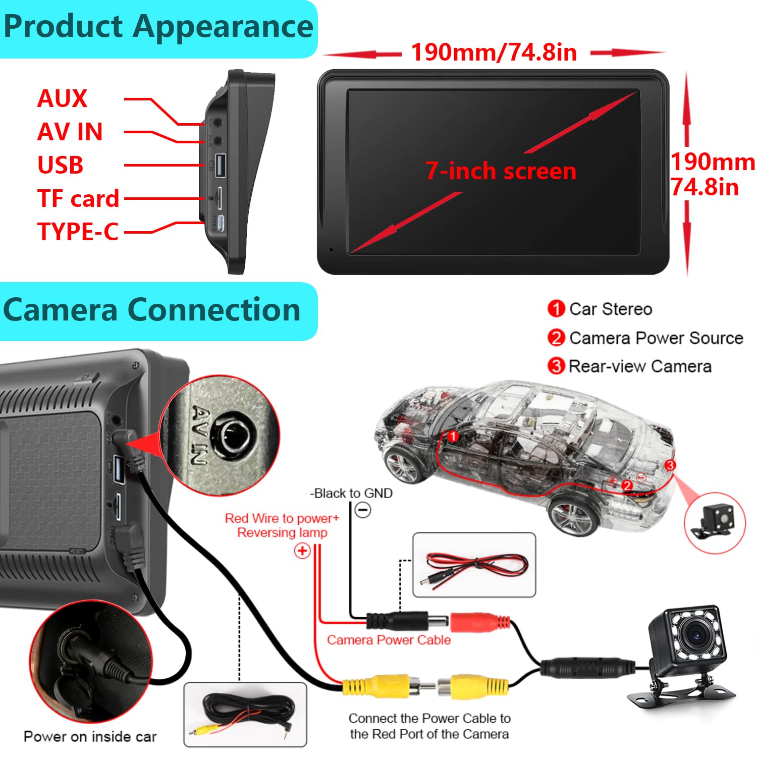 7" HD Car Stereo,Portable Wireless Touch Screen Apple CarPlay and Android Auto Automatic Multimedia Player,Car Stereo with Mirror Link/Siri/Bluetooth/Navigation Screen for All Vehicles