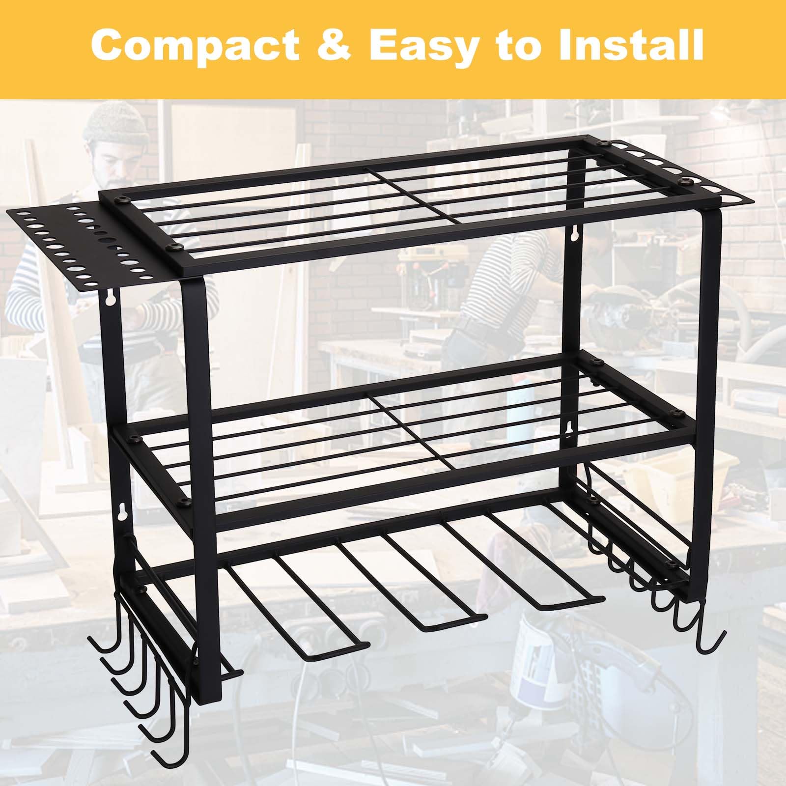 ShineMe Garage Tool Organizer Wall Mount, Heavy Duty Power Tool Organizer with 4 Drill Holders, 3 Layer Multifunctional Metal Storage Rack for Workshop, Garage, Tool Room