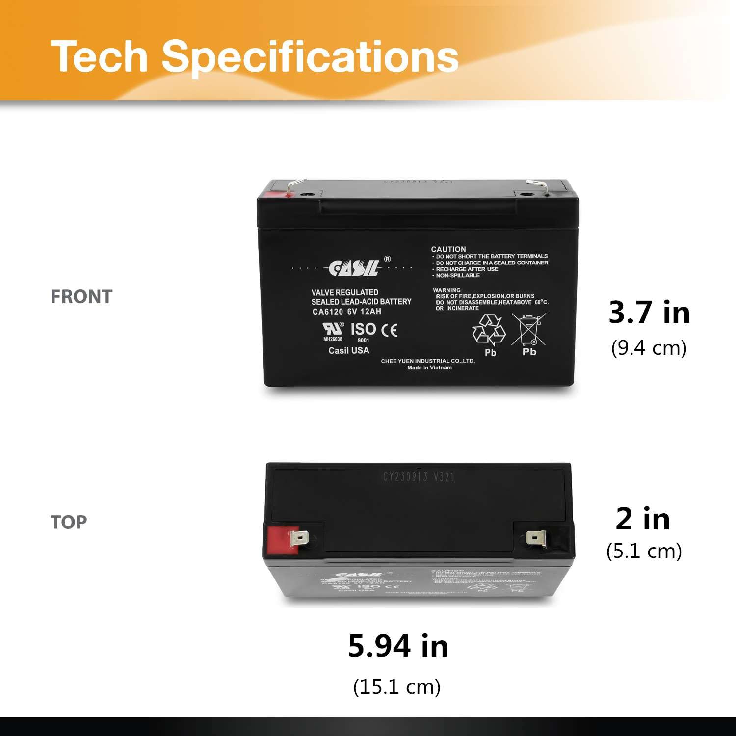 Casil Emergency Light Battery 6v 12ah CA6120 6v 12ah Battery Sealed Lead Acid AGM with F2 Terminal for 6v Emergency Light Battery - VRLA 6v Battery 12ah