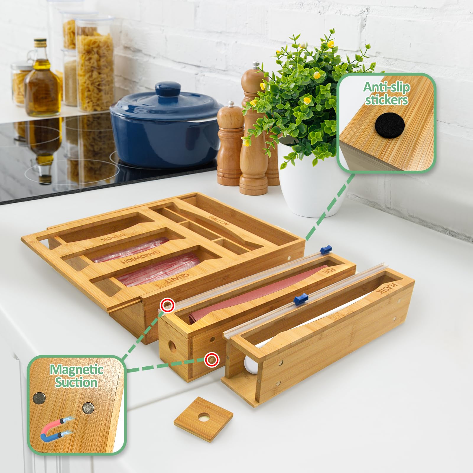 6 in 1 Plastic Bag Organizer with mag Foil and Saran Wrap Dispenser With Cutter For Kitchen Drawer- Bamboo Food Storage Organizer Perfect For Plastic Ziploc,Gallon,Quart Variety Size Bags & 12” Rolls
