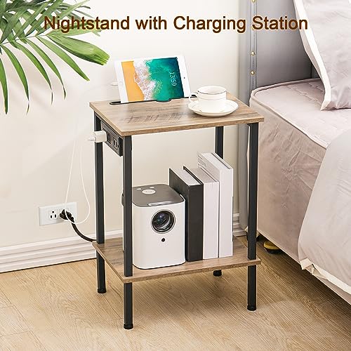 AMHANCIBLE Small Nightstand Set of 2, Side Tables with Charging Station, Night Stand with USB Ports and Outlets, End Tables for Small Space, 2-Tier Storage Shelf, Metal Frame HET032GY