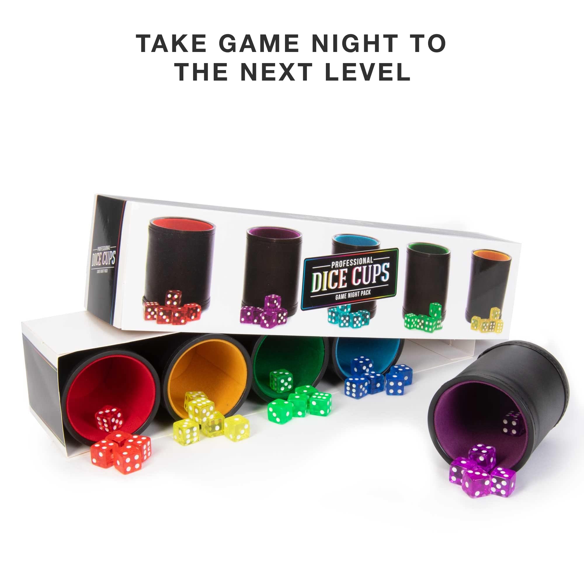 Brybelly Dice Set with Dice Shaker Cup - Perfect for Casino Dice Game - Dice Games for Family - Quality Leather Dice Cup - Poker Dice Shaker - Multicolor Dice Cups and 25 Multicolor Dice Sets