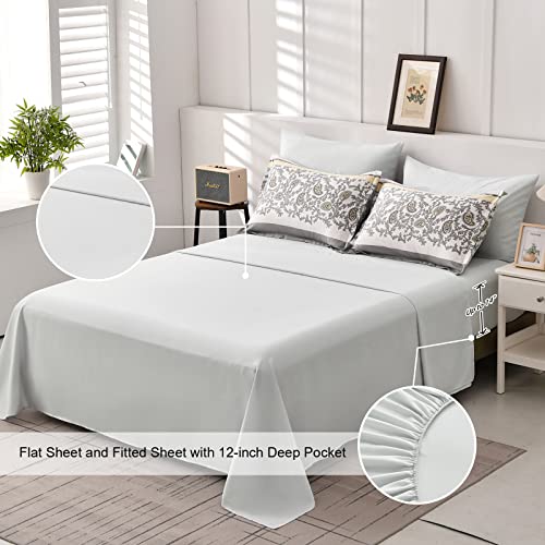 Grey Comforter Set King,7 Pieces Bed in a Bag Paisley Comforter for All Season Soft Microfiber Boho Bedding Set-1 Comforter, 1 Flat Sheet, 1 Fitted Sheet, 2 Pillow Shams,2 Pillowcases
