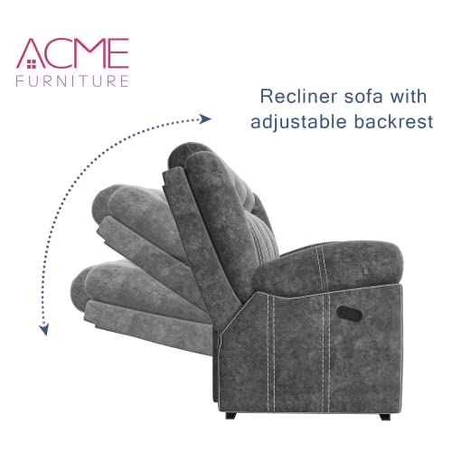 Acme Furniture Zubaida 41" x 87" Modern Velvet Reclining Sofa with USB Dock, 1 Storage Drawer, Tight Back & Seat Cushion, in 2-Tone Gray Finish