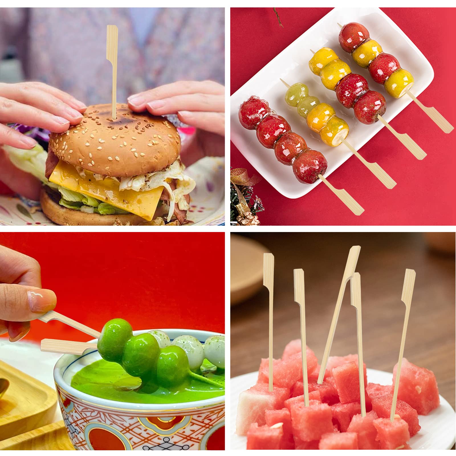 6 inch 200PCS Bamboo wood wooden Paddle Picks Skewers for Cocktail, Appetiser, Cast iron Grilling, Yakitori, Shabu Shabu, Hot pot, Fruit Kabobs, Sandwich, Barbeque Snacks
