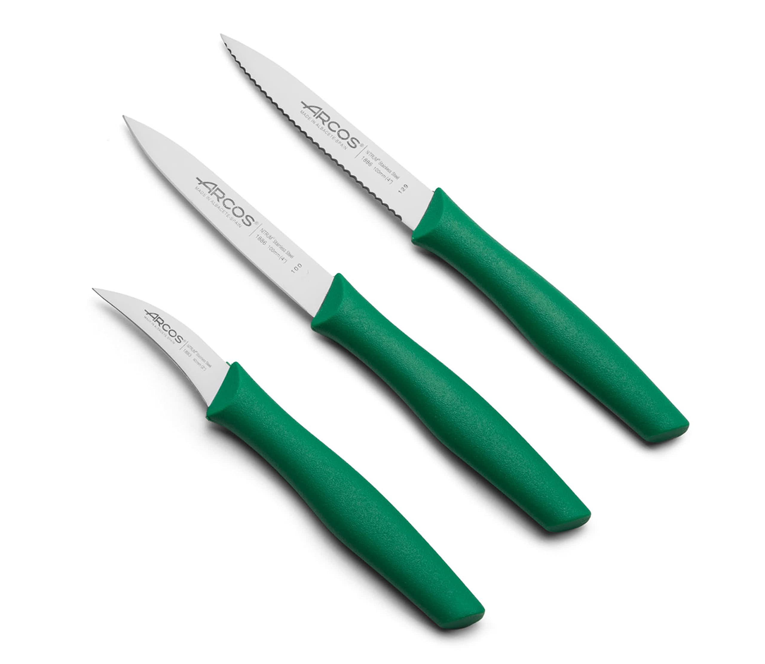 ARCOS 3 Pieces Paring Knife Set. 3 Peeling Knives of Stainless Steel and Ergonomic Polypropylene Handle for Cutting Fruits, Vegetables and Tubers. Series Nova. Color Green
