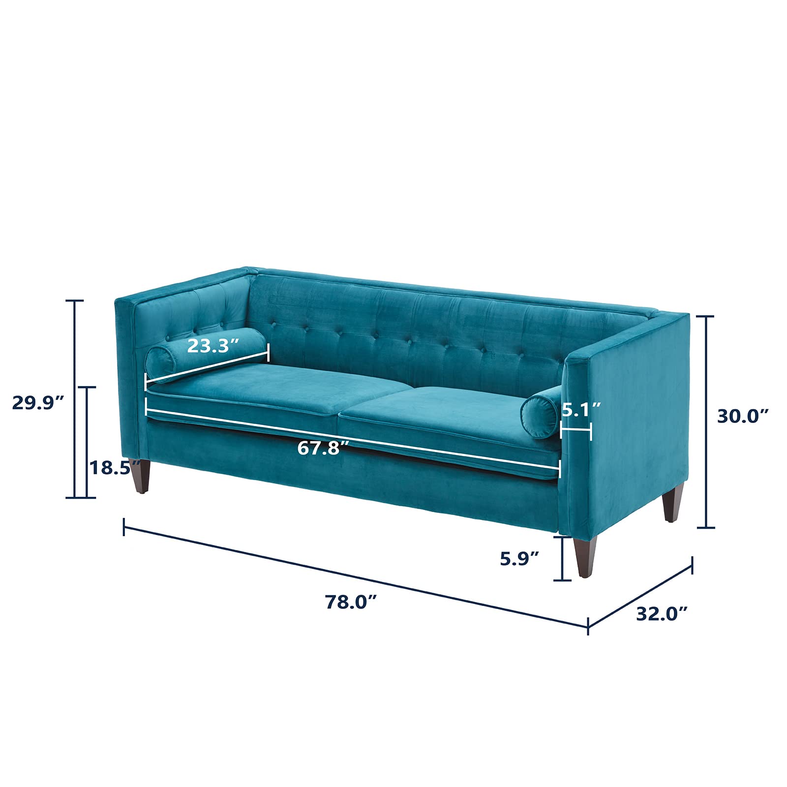 Dreamsir 78'' W Velvet Sofa, Mid-Century Love Seats Sofa Furniture with Bolster Pillows, Button Tufted Couch for Living Room, Tool-Free Assembly (Sofa, Peacock Blue)