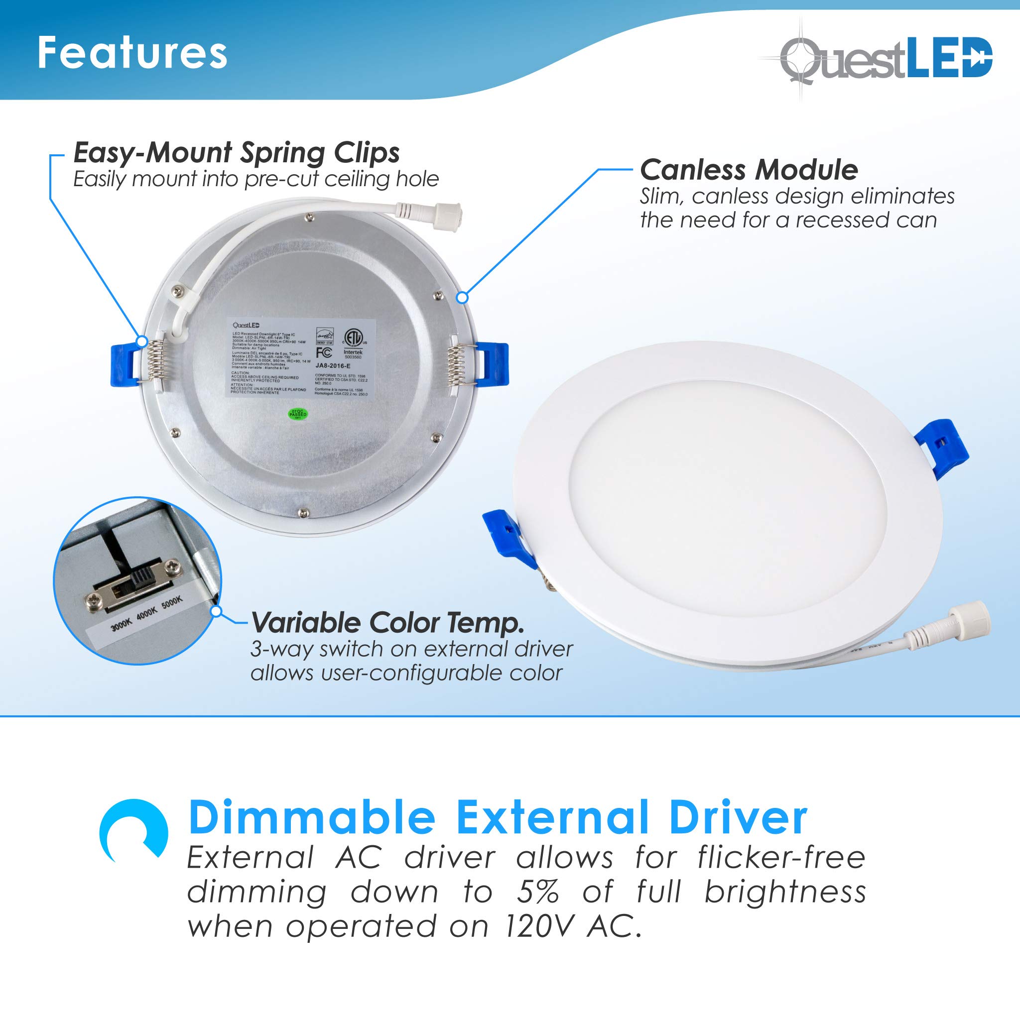 6 Inch LED Canless Recessed Light (6 Pack, Round) – 5 CCT Switch 2700K, 3000K, 3500K, 4000K, 5000K - 15 Watts 1050 Lumens Recessed Slim Light – Dimmable - External Junction Box