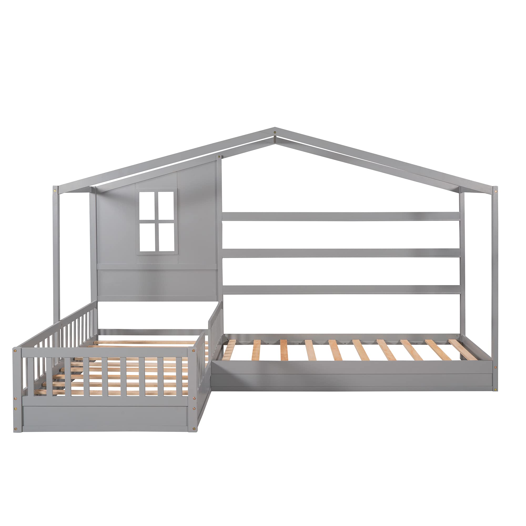L Shaped Bed Frame with Roof, Twin Corner Bed House Bed for Kids, Solid Wood Twin Platform Bed Frame for 2 People (Twin Size, Gray)
