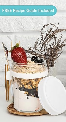 4 Pack Overnight Oats Containers with Lids and Spoons, 16oz Glass Mason Meal Prep Container Microwave Safe,Airtight Glass Jars,Oats Overnight,Yogurt Parfait Fruit Cereal With Measurement Marks
