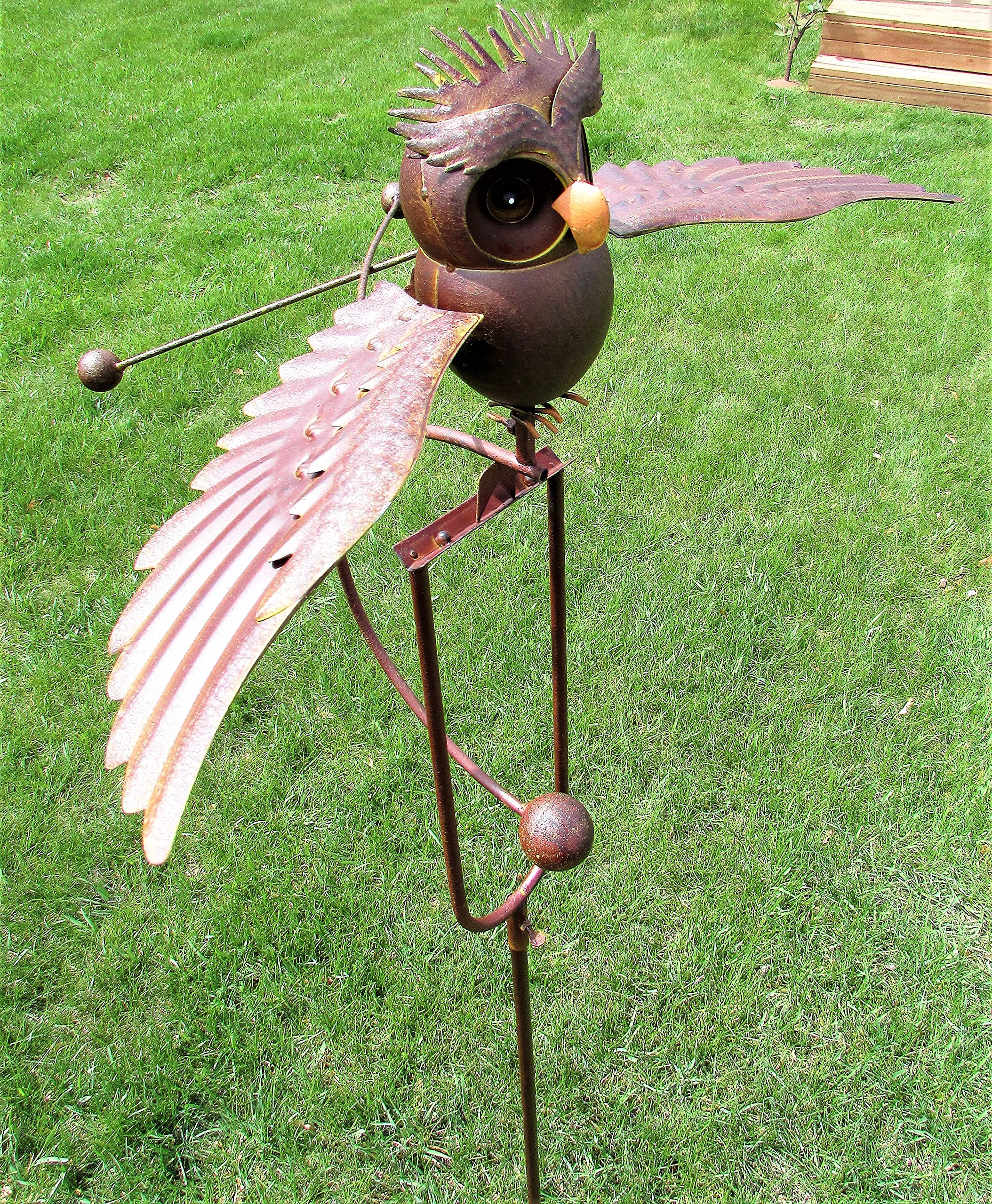Big Sky Antiques Wing Flapping Kinetic Metal Brown Owl Yard Stake Rocking Wind Spinner Whirly-Gig Garden Art,Multicolor,21.5x 12.5x 55inch