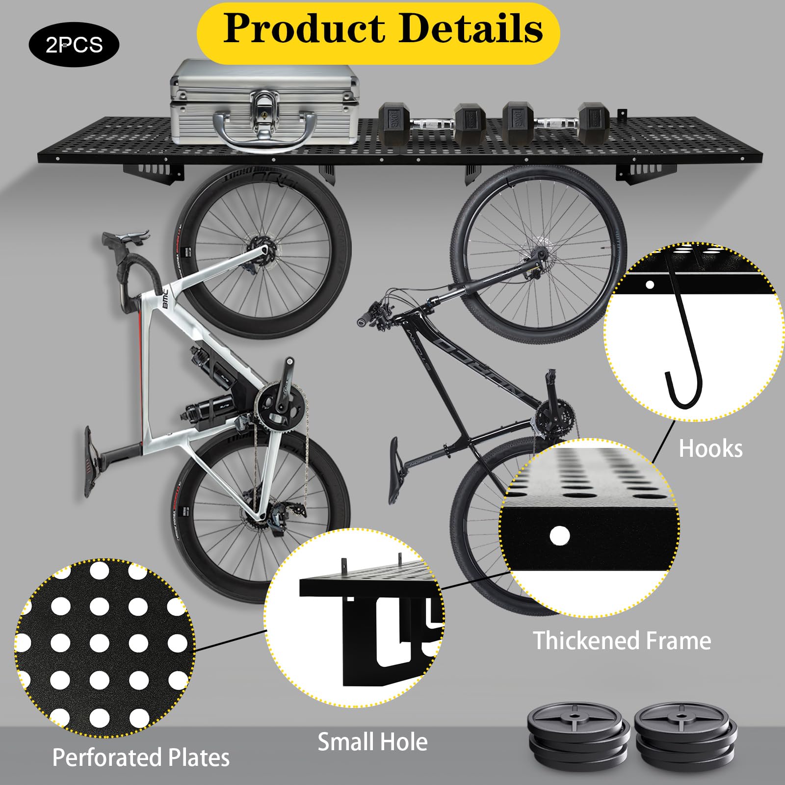 Garage Shelving Wall Mounted, 2-PACK 2x6FT Garage Shelving, 72βx 24βGarage Shelving Wall Mount Organizer, 560 lbs Load Capacity Garage Storage Rack Floating Shelves, with 4 Hooks, 1 Sets, Black