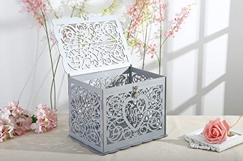 Mimacoo Wedding Money Box Holder with Sign, Large Rustic Wood Wooden DIY Envelop Gift Card Shadow Boxes with Lock Slot for Reception Anniversary (Silver)