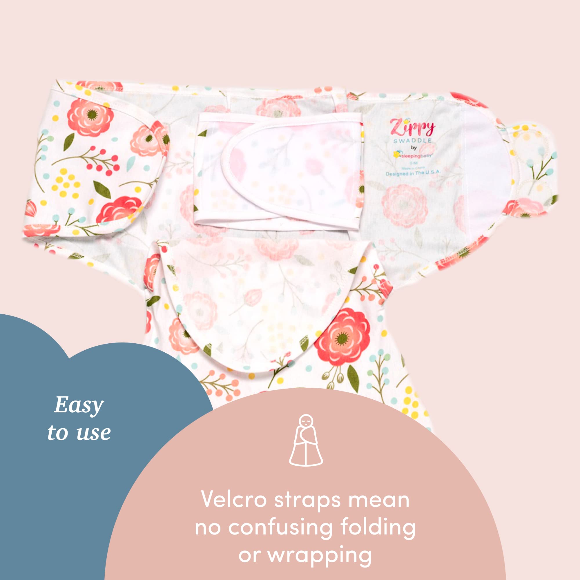 SleepingBaby Zippy Swaddle - Baby Swaddle Blanket with Convenient Bottom Zipper - Pink Poppy - Small/Medium