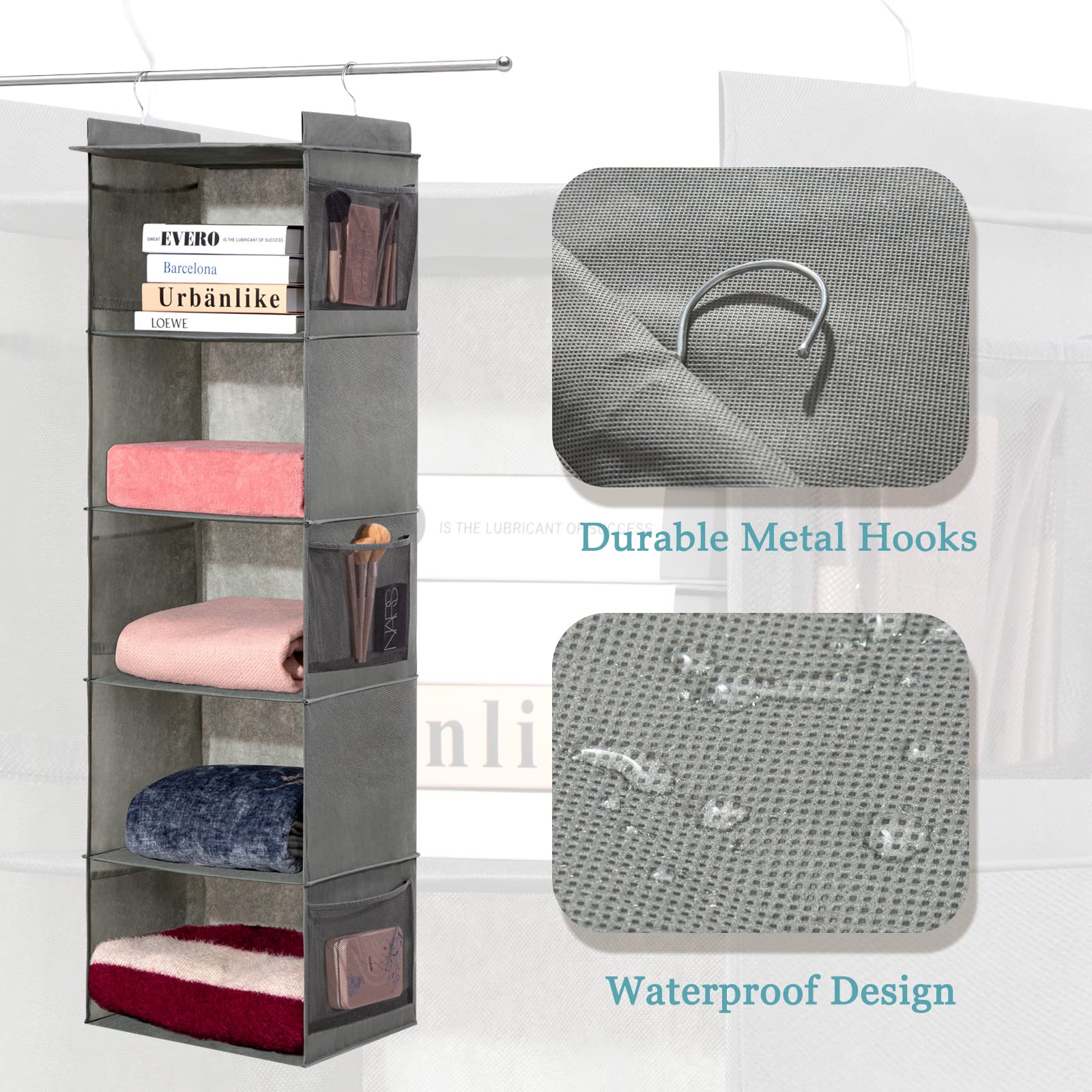 BSFHH Hanging Closet Organizer, 5-Shelf Closet Hanging Storage with 6 Side Pockets,Collapsible Hanging Shelves for Closet Oxford Cloth 10.4" W x 11.8" L x 51.6" H (Grey, 1 Pack)