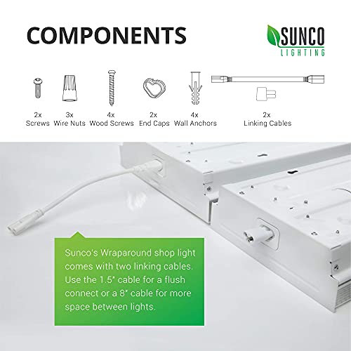 Sunco 8.5" Wraparound Garage LED Shop Light 4FT 6000K Daylight Deluxe, 60W, 7200 LM, Integrated LED, Prismatic Lens, Hardwired, Linkable, Flush Mount Ceiling Light Fixture - ETL 4 Pack