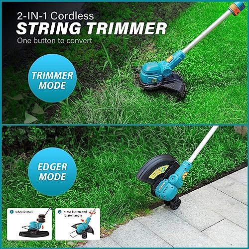 Berserker 20V 12" Cordless String Trimmer 2.0Ah Battery Powered and Fast Charger Included, 2-in-1 Compact Weed Wacker Eaters and Edger with Support Wheels,Ideal for Lawn Trim and Yard Maintenance