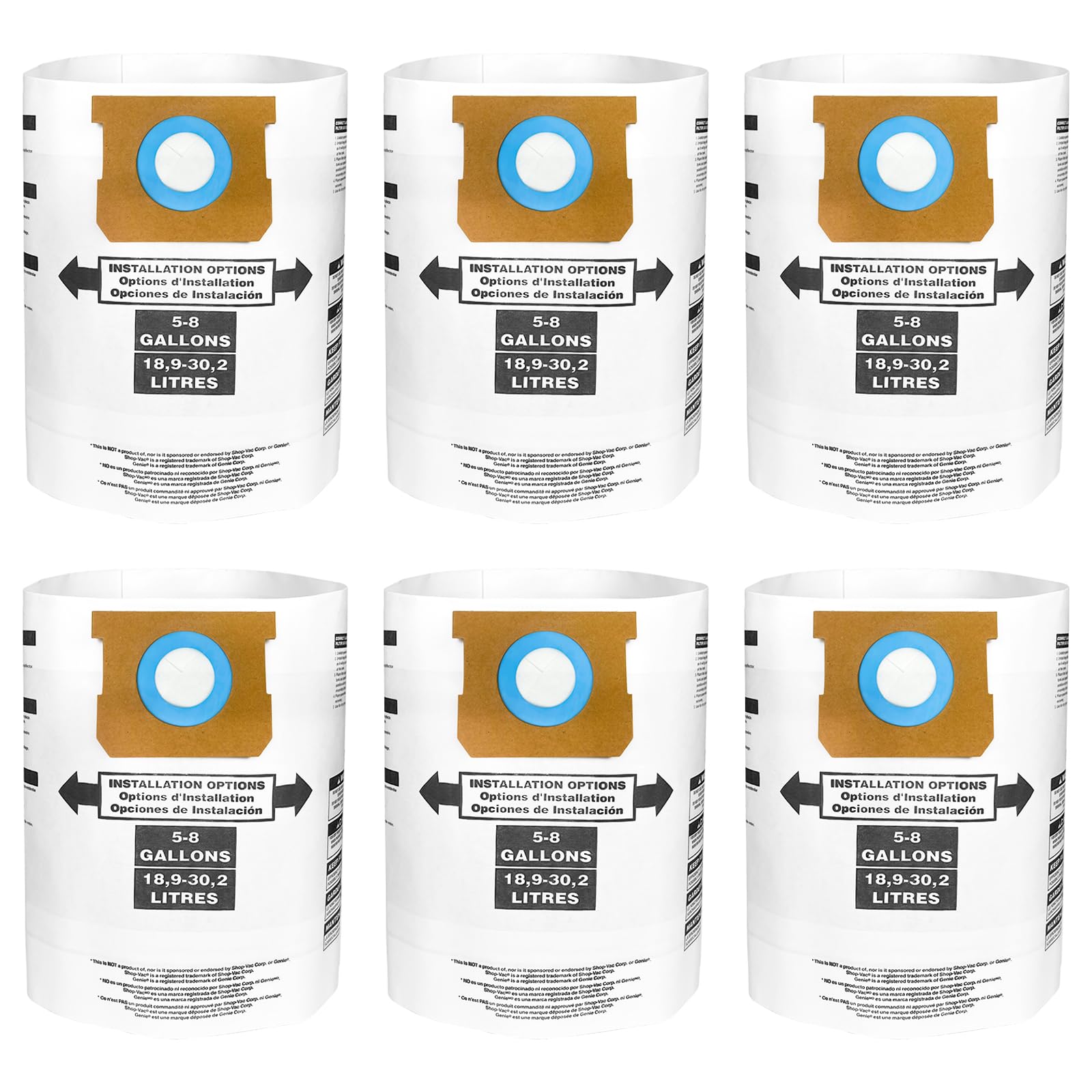 6 Pack 90661 Type E / 90671 Type H Filter Bags Compatible with Shop Vac 5-8 Gallon Wet/Dry Vacuum, Part 9066100 9066133 9067100 9067133