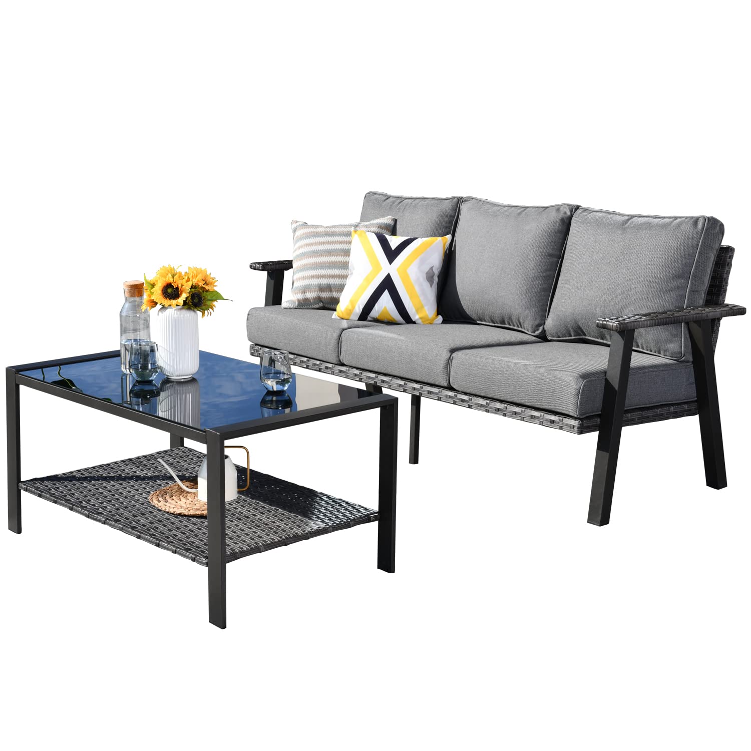 ovios Patio Furniture Set 7-Pieces Outdoor Wicker Rattan Sofa with Coffee Table Loveseat Ottomans, High Back All Weather Conversation Set with Comfy Cushions, Dark Grey