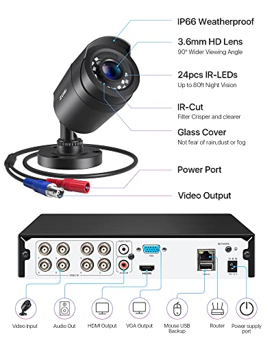 ZOSI H.265+1080p Home Security Camera System Outdoor, 5MP Lite 8 Channel CCTV DVR Recorder with Hard Drive 1TB and 8 x 1080p Surveillance Bullet Camera with 80ft Night Vision, Motion Detection