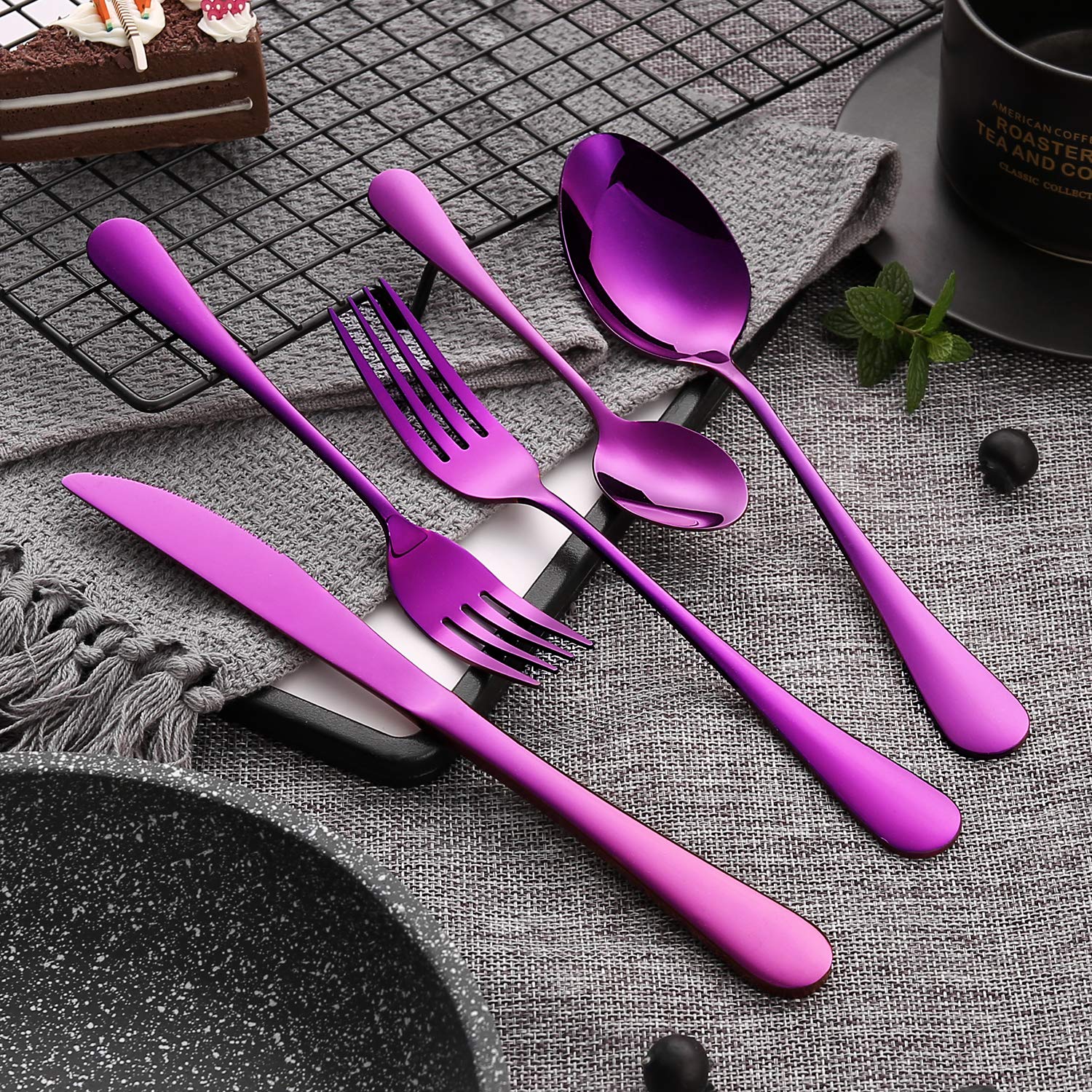 Silverware Set, 20-Piece Purple Flatware Cutlery Set Service for 4,Stainless Steel Kitchen Utensil Set Tableware Knife Spoon Fork Set for Home&Restaurant. Dishwasher Safe (Purple- 20 Pieces Set)