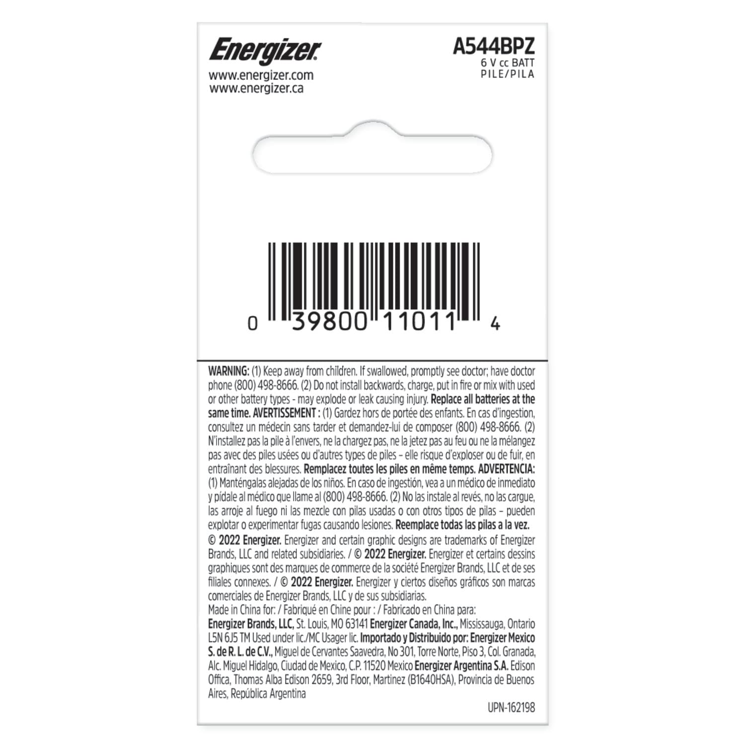 Energizer A544BPZ Zero Mercury Battery, Multi